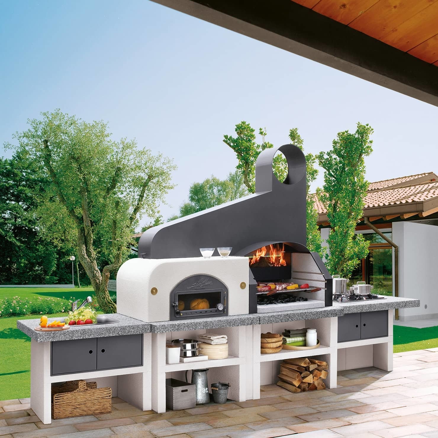 Maxime con Forno Cappa Inox, Barbecue in Cemento | Palazzetti In Giardino